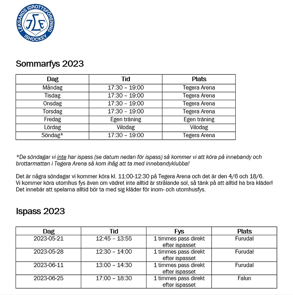 Schema för fys och is sommaren 2023 / Leksands IF Ishockey ...